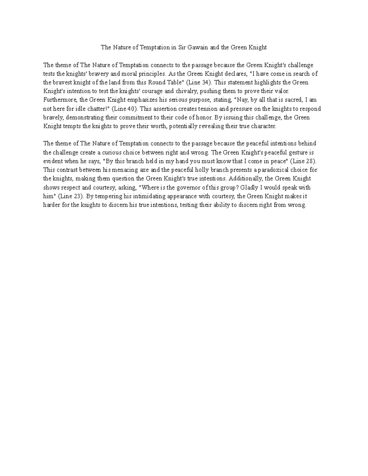 Unit 1 discussion - The Nature of Temptation in Sir Gawain and the ...