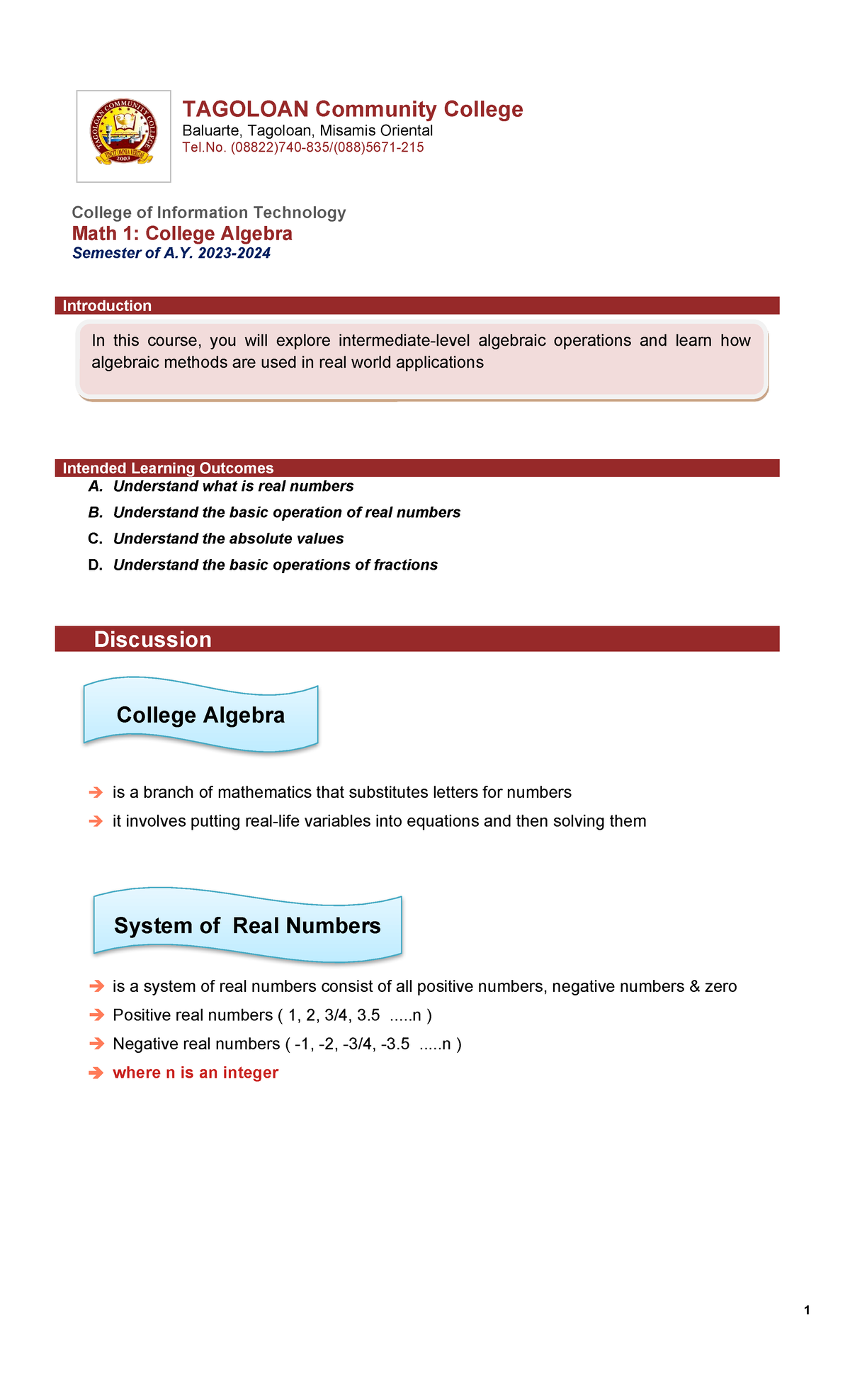 MATH 1 - Mod1 B - math - College of Information Technology Math 1 ...
