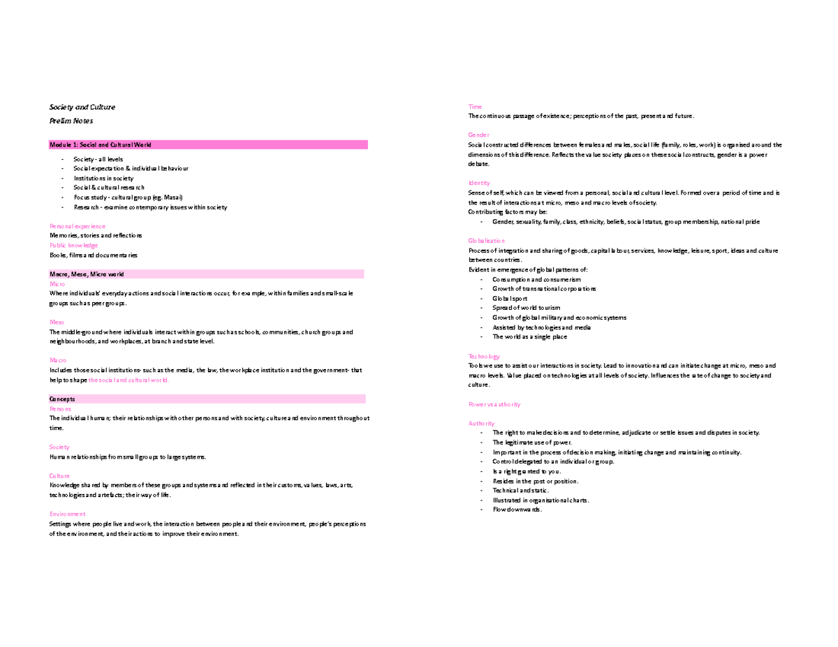 Society and Culture- Prelim Notes - Society and Culture Prelim Notes ...