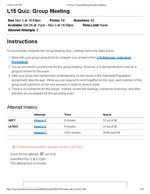 L10 Quiz Group Meeting Business Statistics - L10 Quiz: Group Meeting Due Oct 19 at 7:59am Points ...