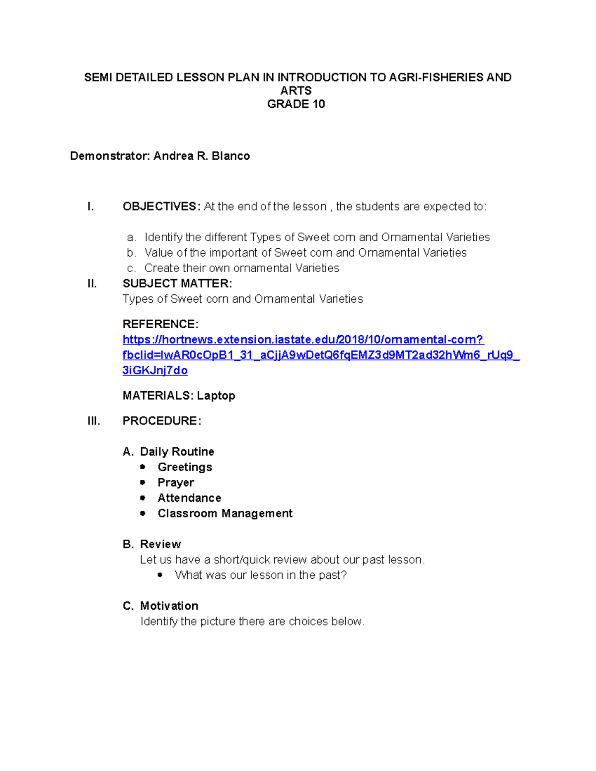 A SEMI Detailed Lesson PLAN IN Sweet CORN AND Ornamental Varieties ...