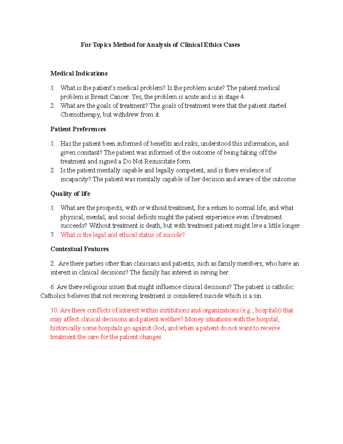 Ethics cases four topics - For Topics Method for Analysis of Clinical ...
