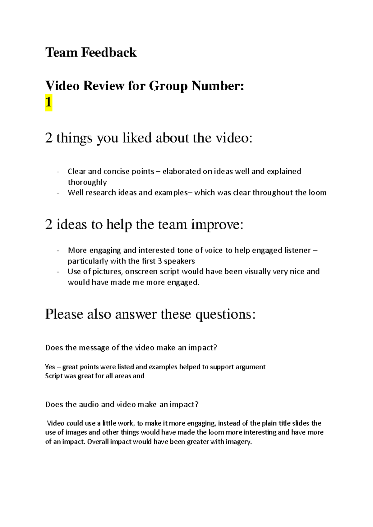 Team Video Feedback Template 1 - Team Feedback Video Review for Group ...