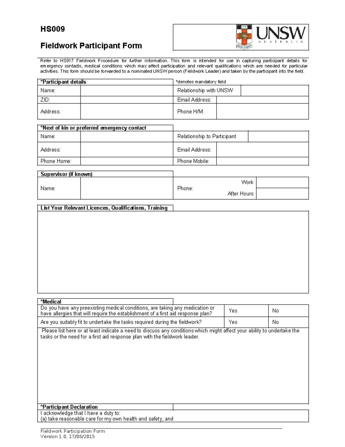 HS009 Fieldwork Participant Form - HS Fieldwork Participant Form Refer ...
