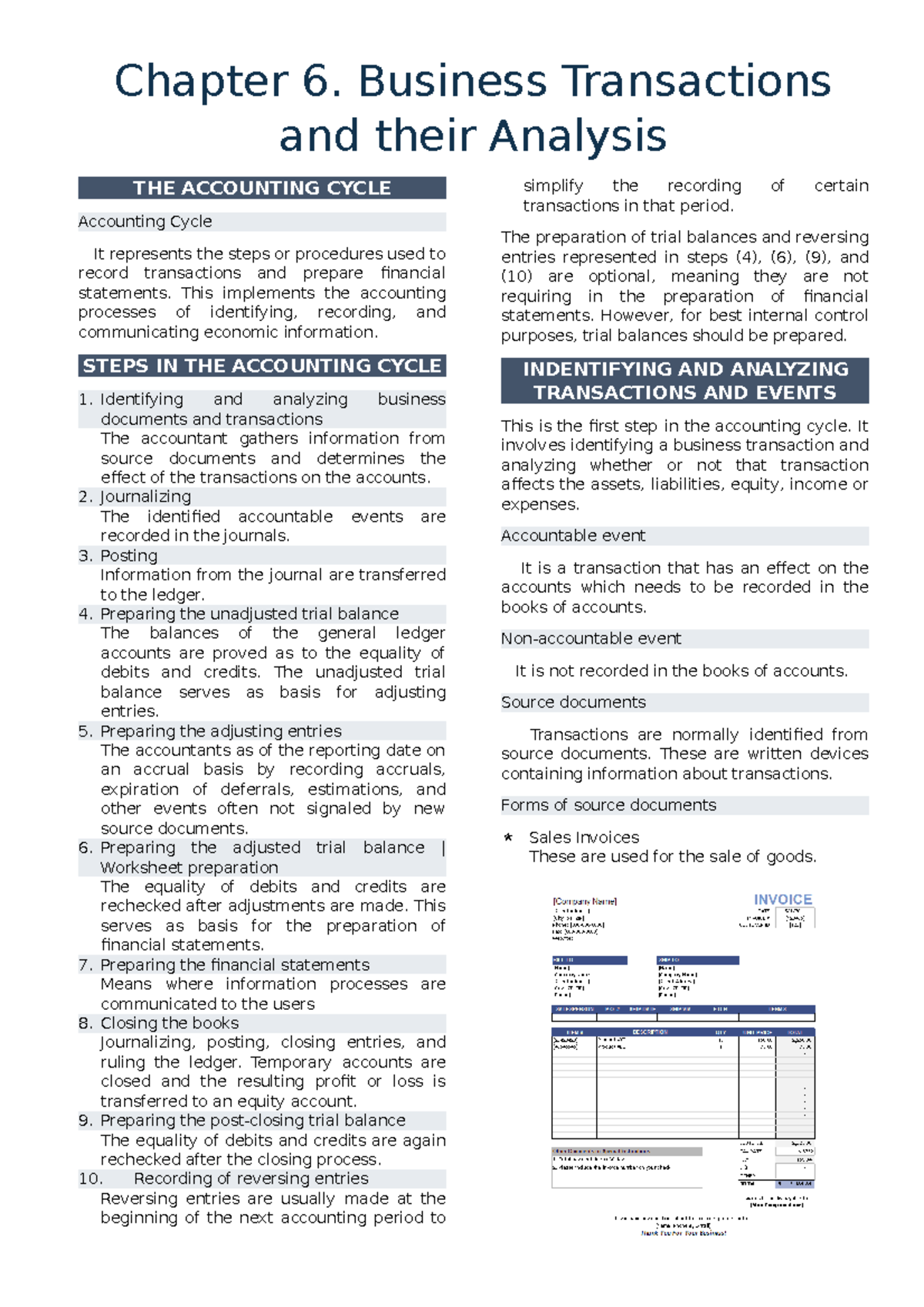 Unit 6. Business Transanctions and their Analysis - Chapter 6. Business ...