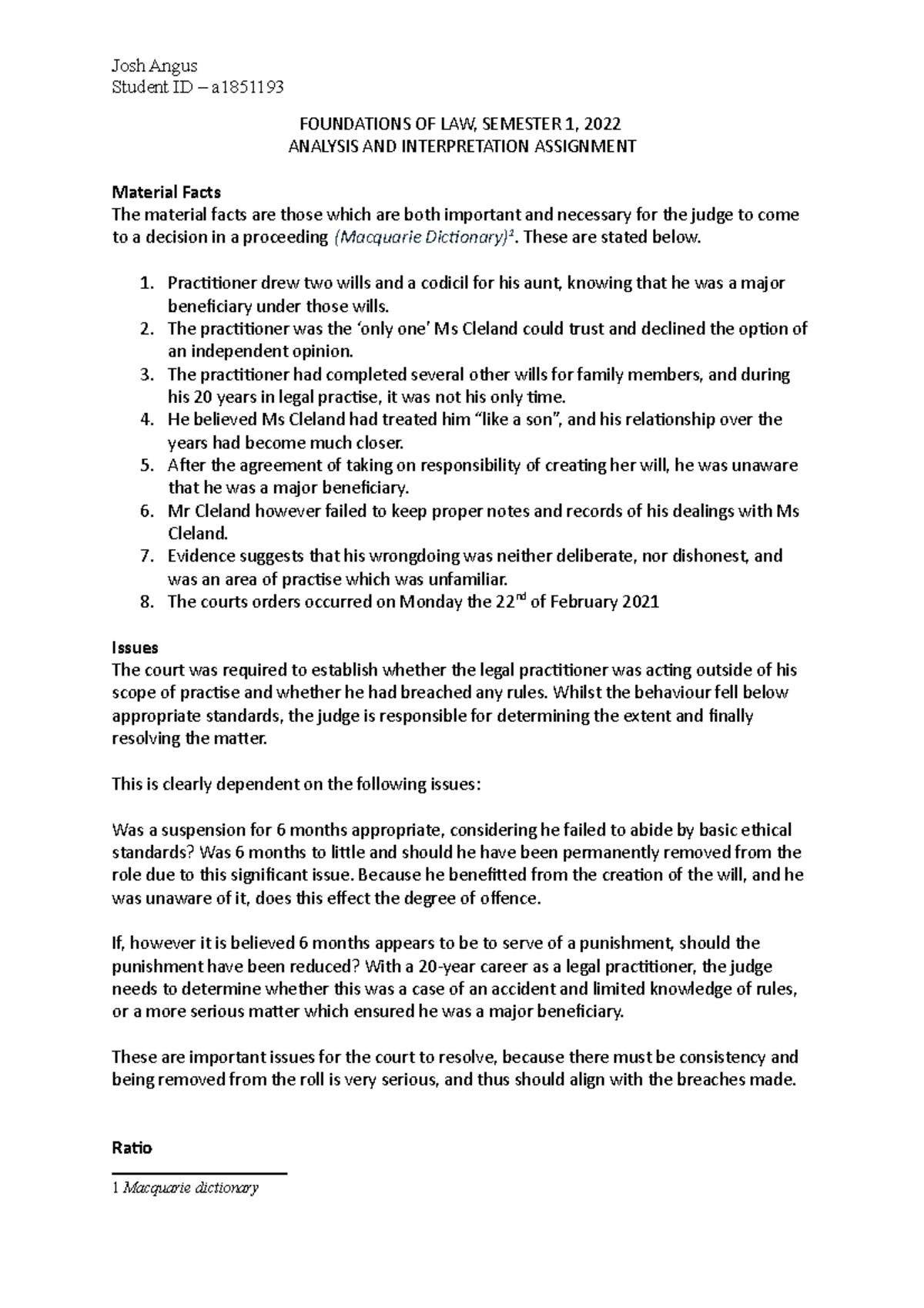 Foundations - final assignment 1. - Student ID – a FOUNDATIONS OF LAW ...