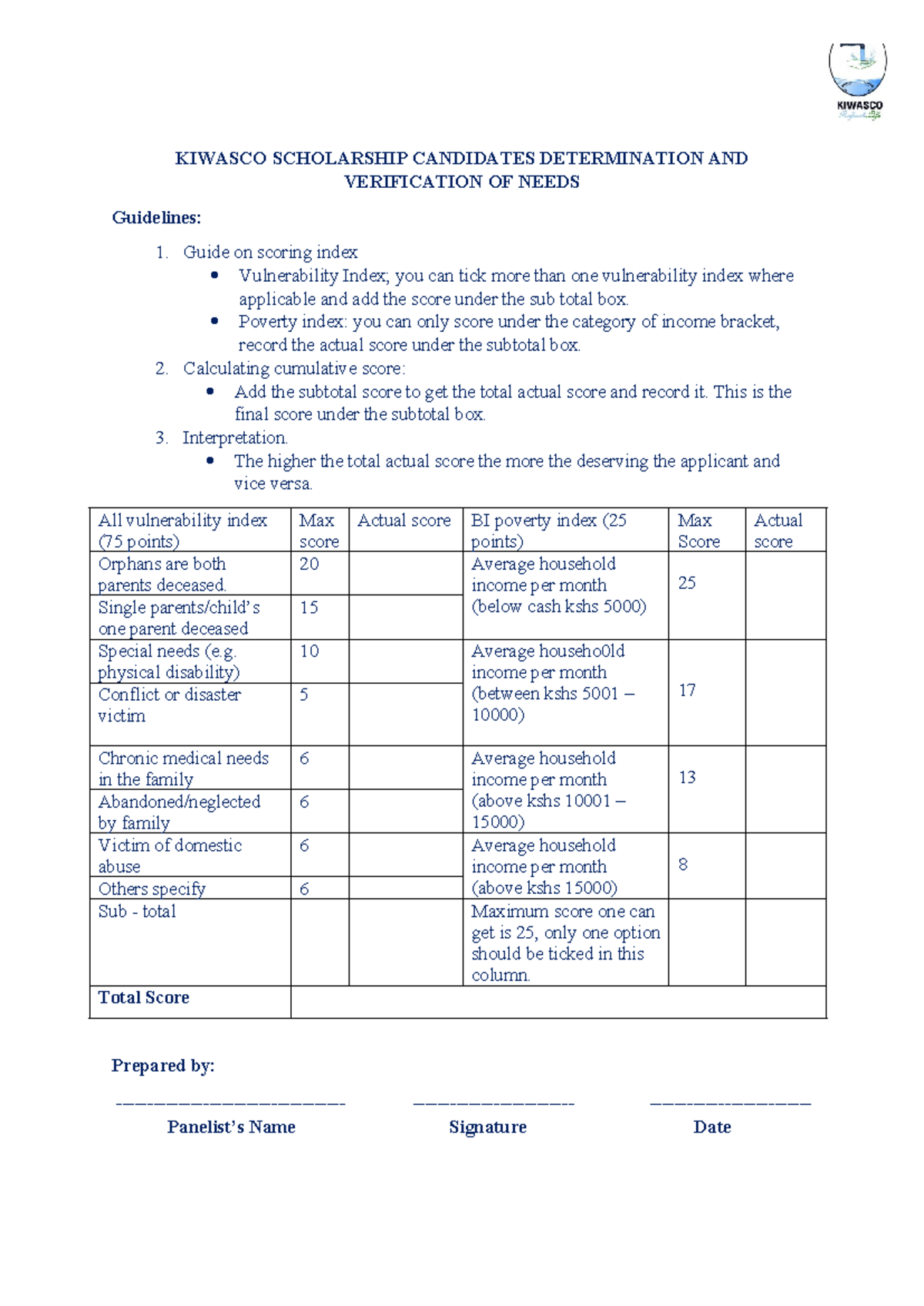Score Sheet - KIWASCO SCHOLARSHIP CANDIDATES DETERMINATION AND ...