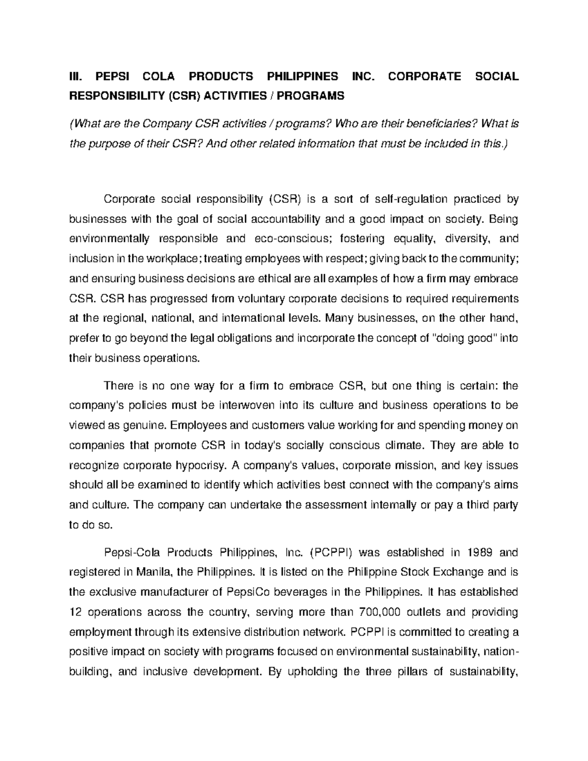 Pepsi COLA Products Philippines INC. Corporate Social Responsibility ...