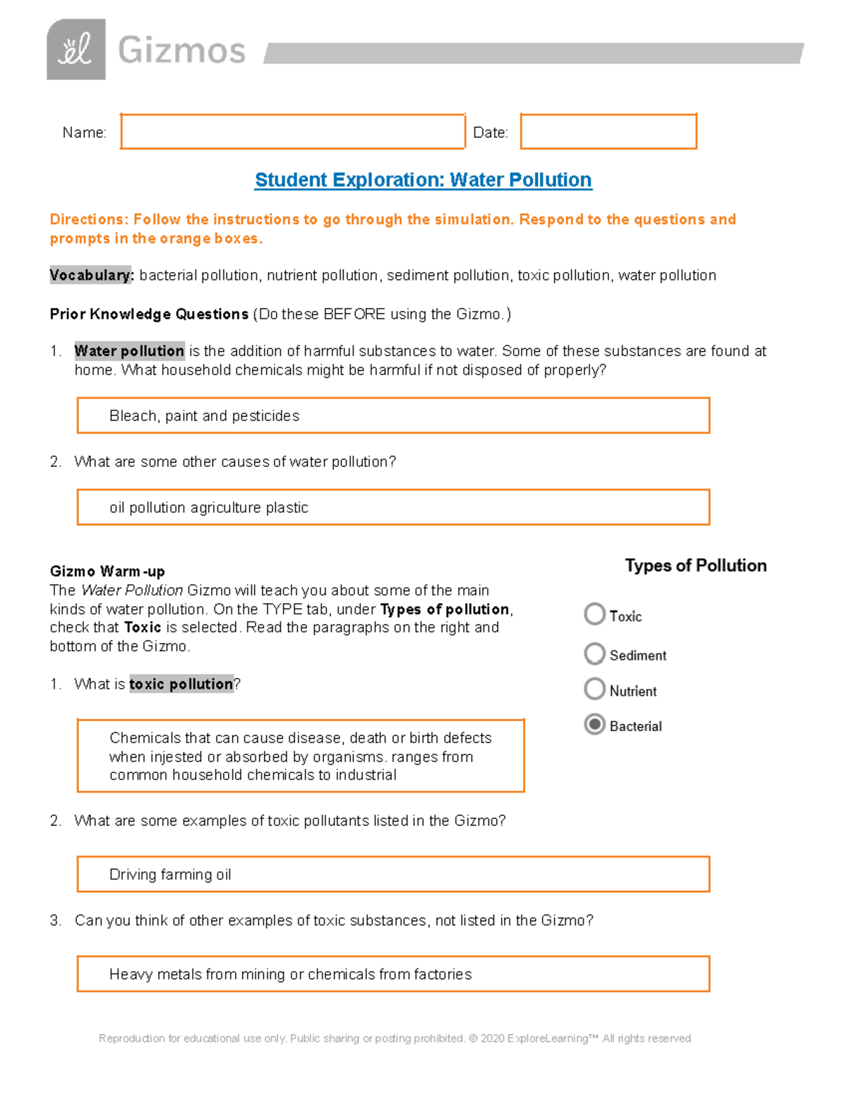 Water Pollution SE - Name: Date: Student Exploration: Water Pollution ...