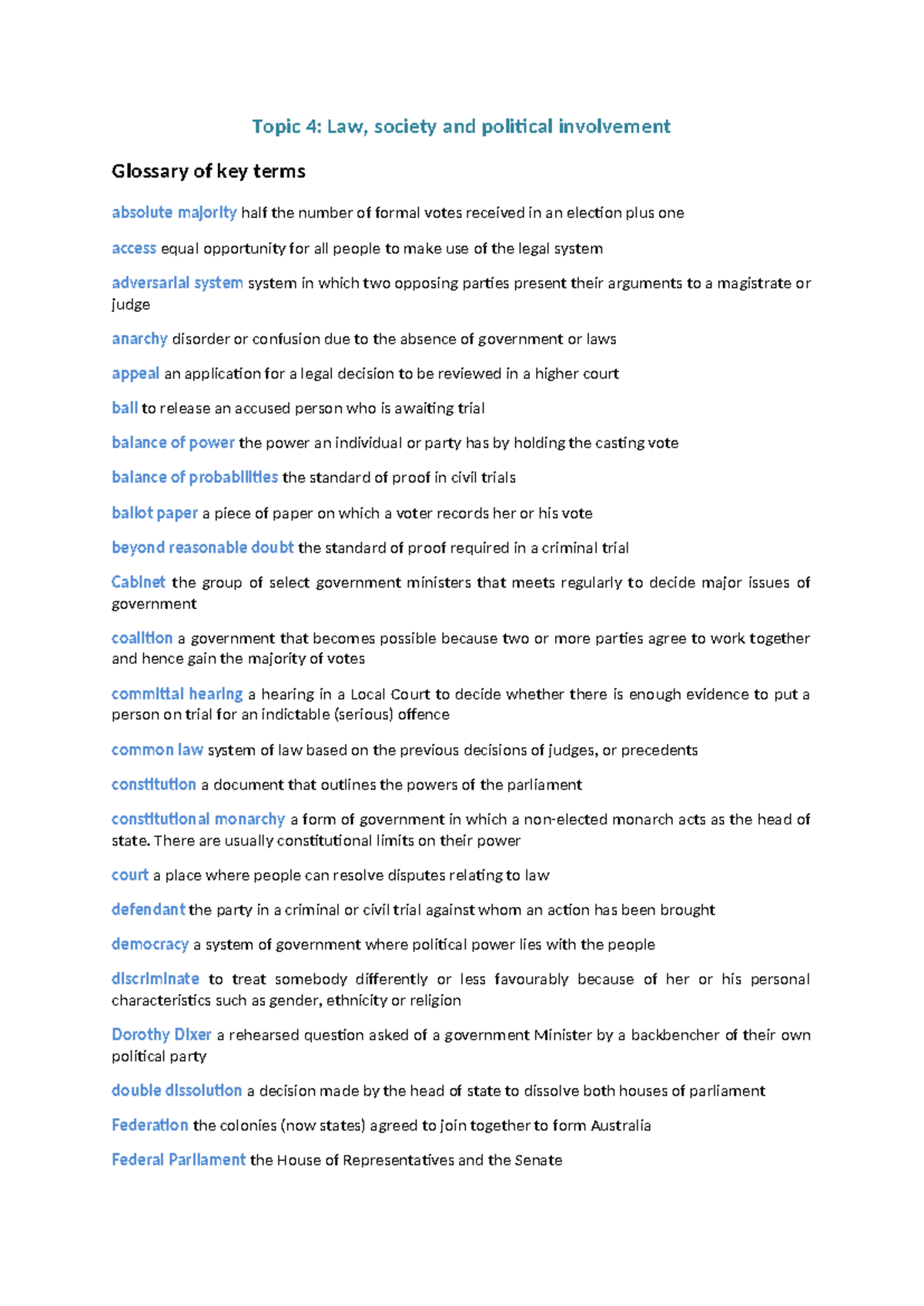Revision Law topic glossary and MC questions - Topic 4: Law, society ...