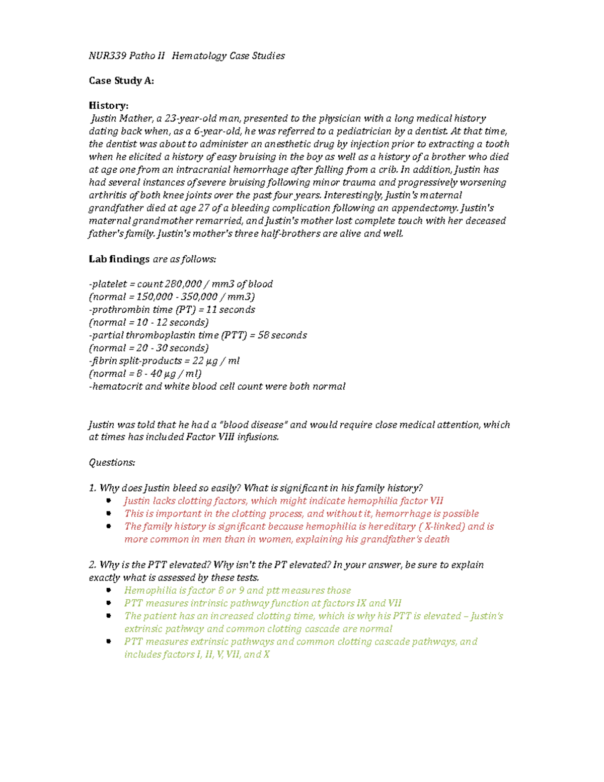 NUR339Hematology Case Studies S20 - NUR339 Patho II Hematology Case ...