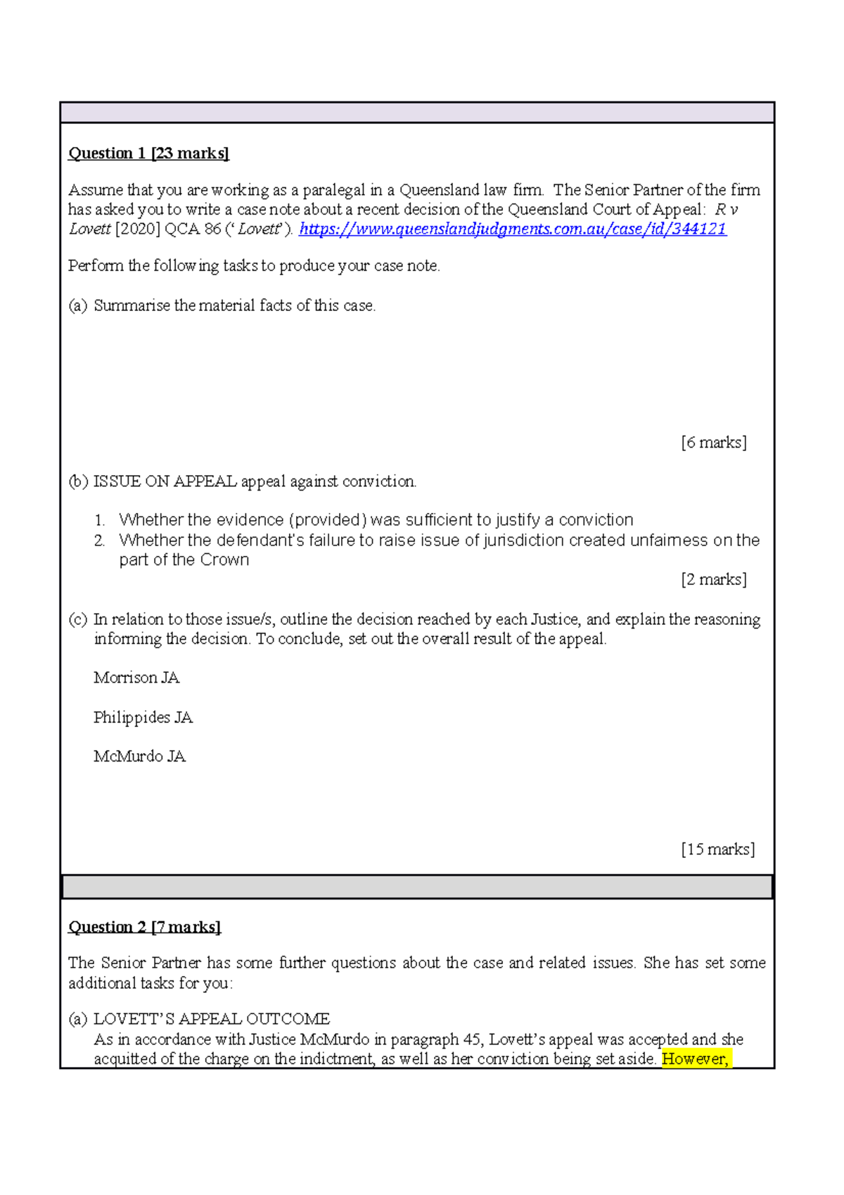 Case Note Assignment - graded 20/35 - Question 1 [23 marks] Assume that ...