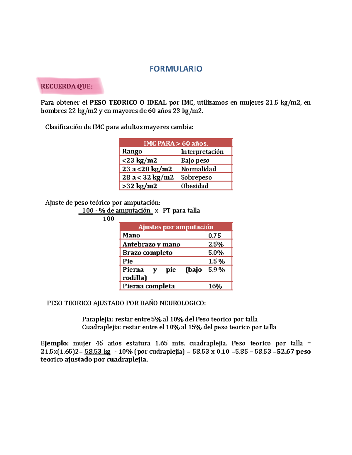Formulario - FORMULARIO RECUERDA QUE: Para obtener el PESO TEORICO O ...