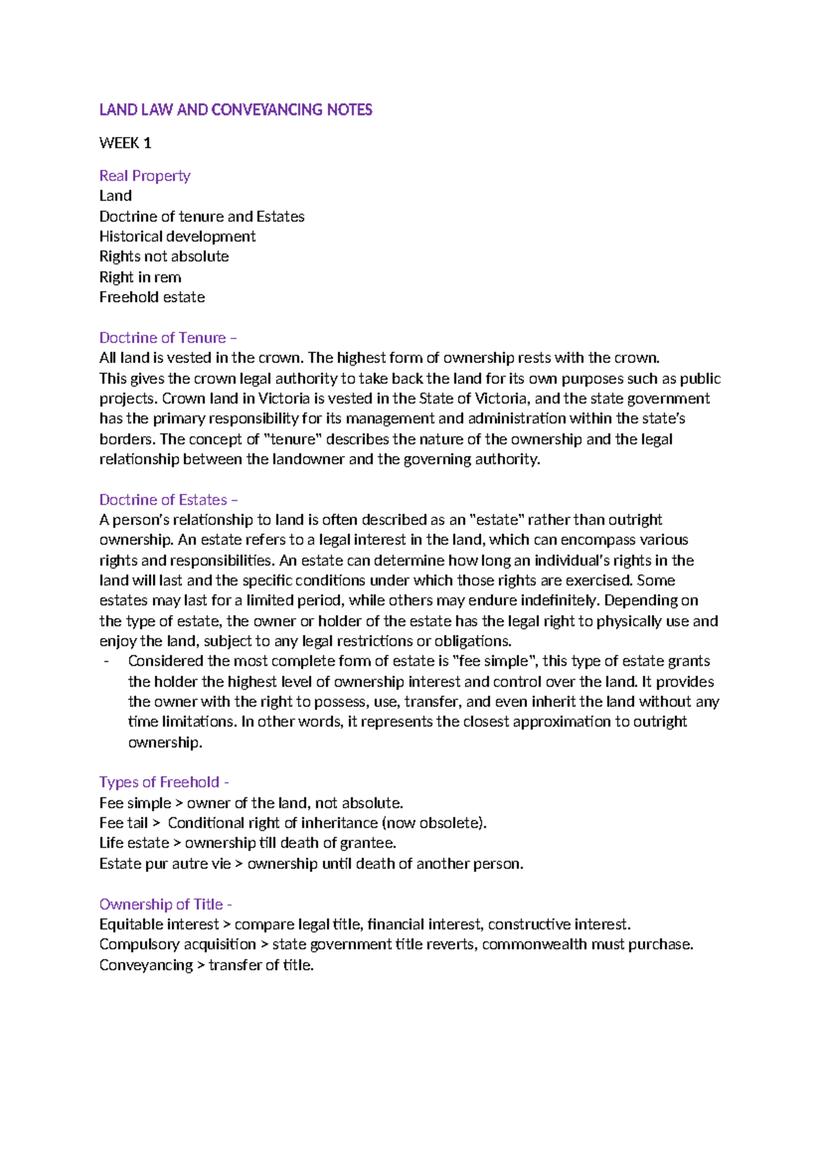 Notes - LAND LAW AND CONVEYANCING NOTES WEEK 1 Real Property Land ...