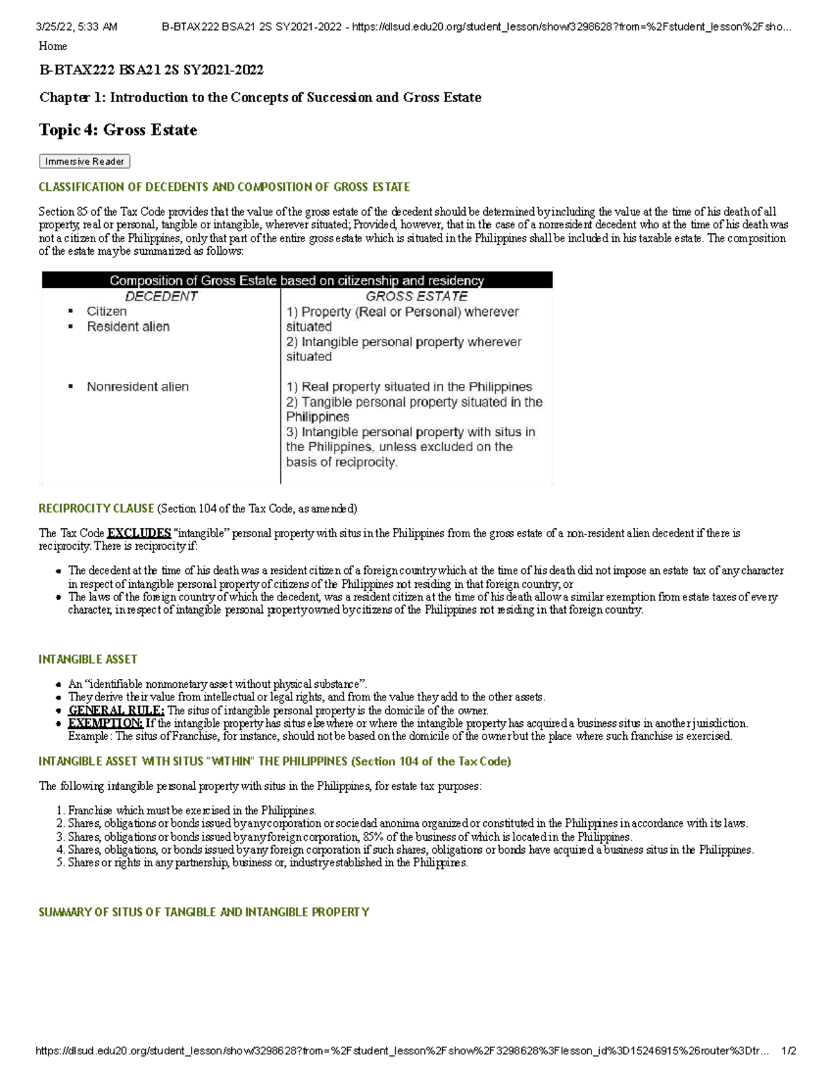 Topic 4 Gross Estate - 3/25/22, 5:33 AM B-BTAX222 BSA21 2S SY2021-2022 - - Studocu