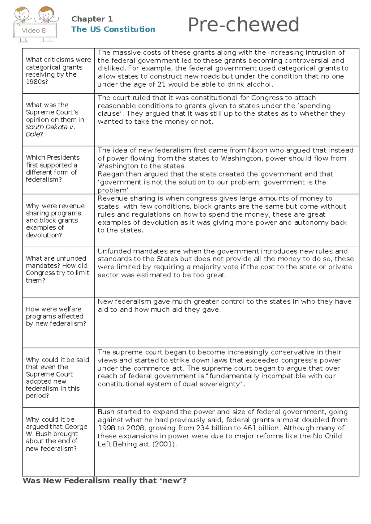 8 - new federalism worksheet - Pre-chewed Politics Chapter 1 Video 8 ...