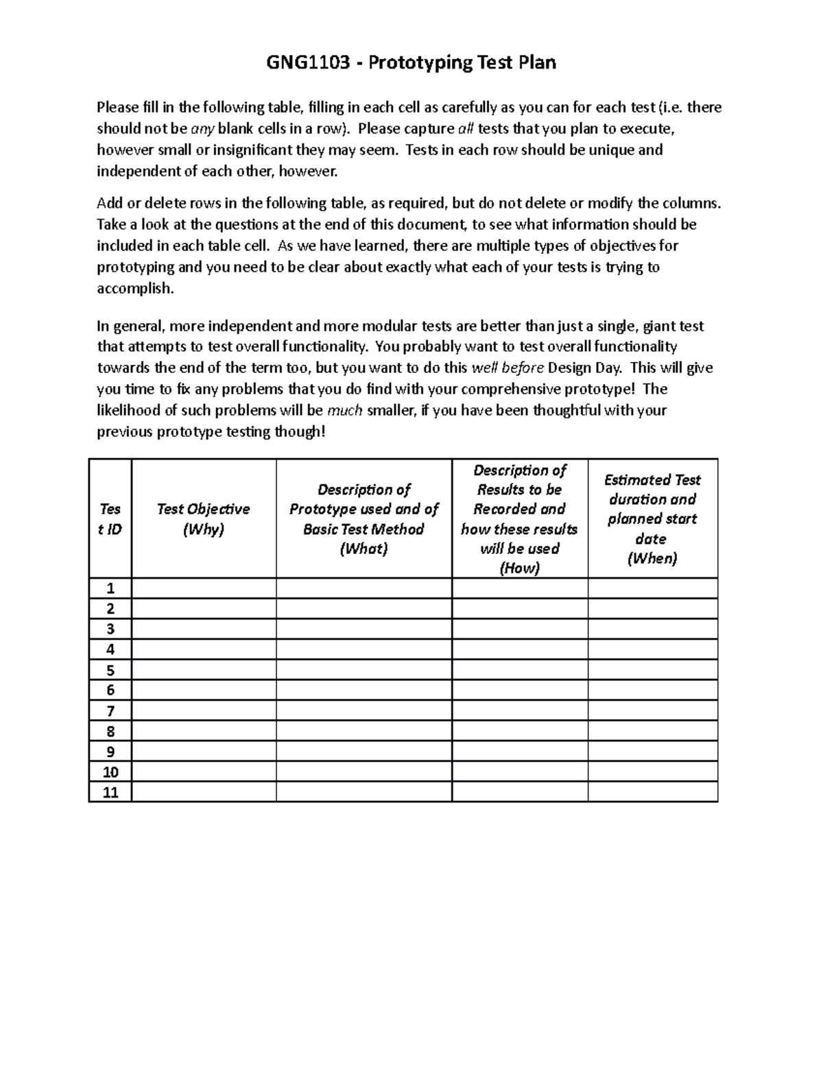 11 Test Plan Template v51 - GNG1103 - Prototyping Test Plan Please fill ...