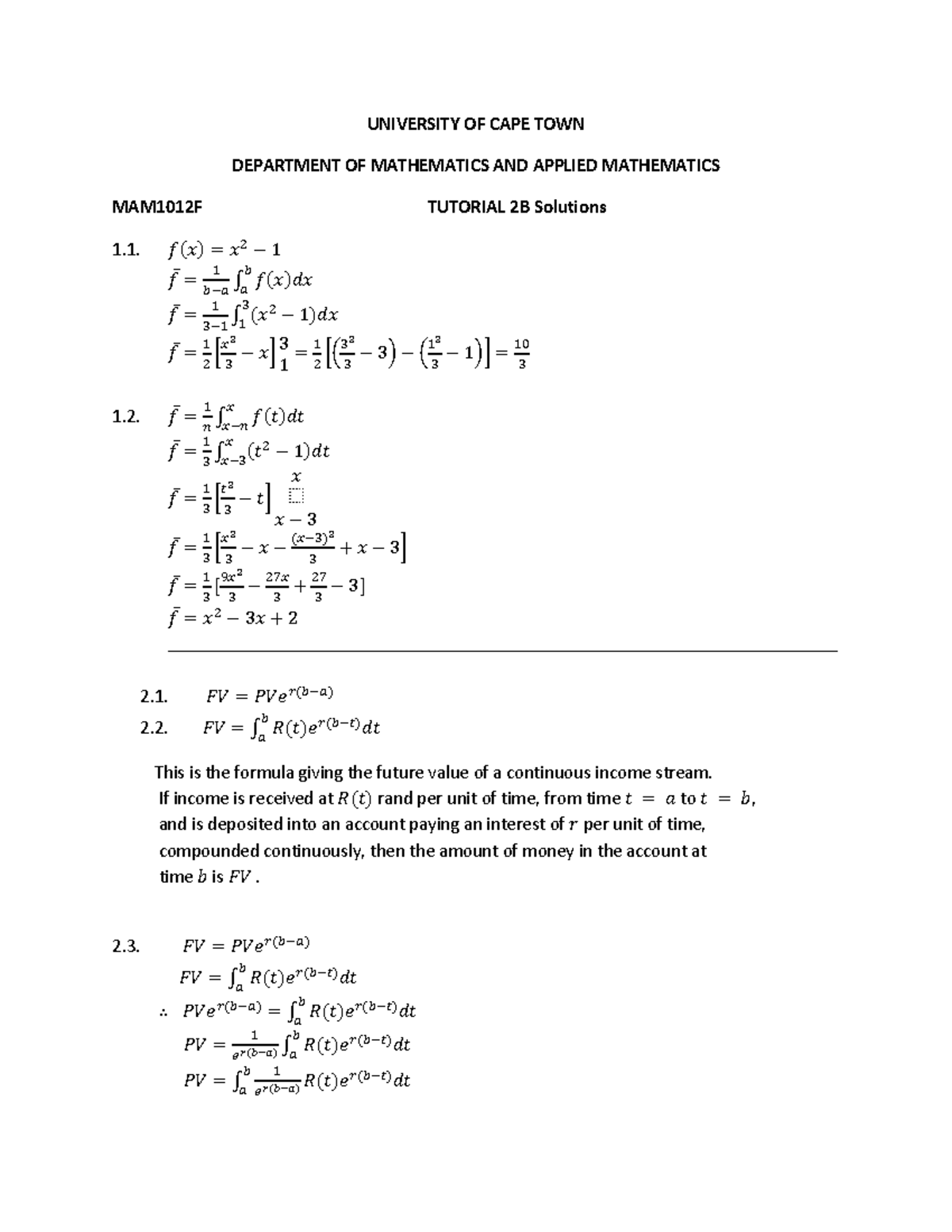 Tutorial 2B Solutions - Copy - UNIVERSITY OF CAPE TOWN DEPARTMENT OF ...
