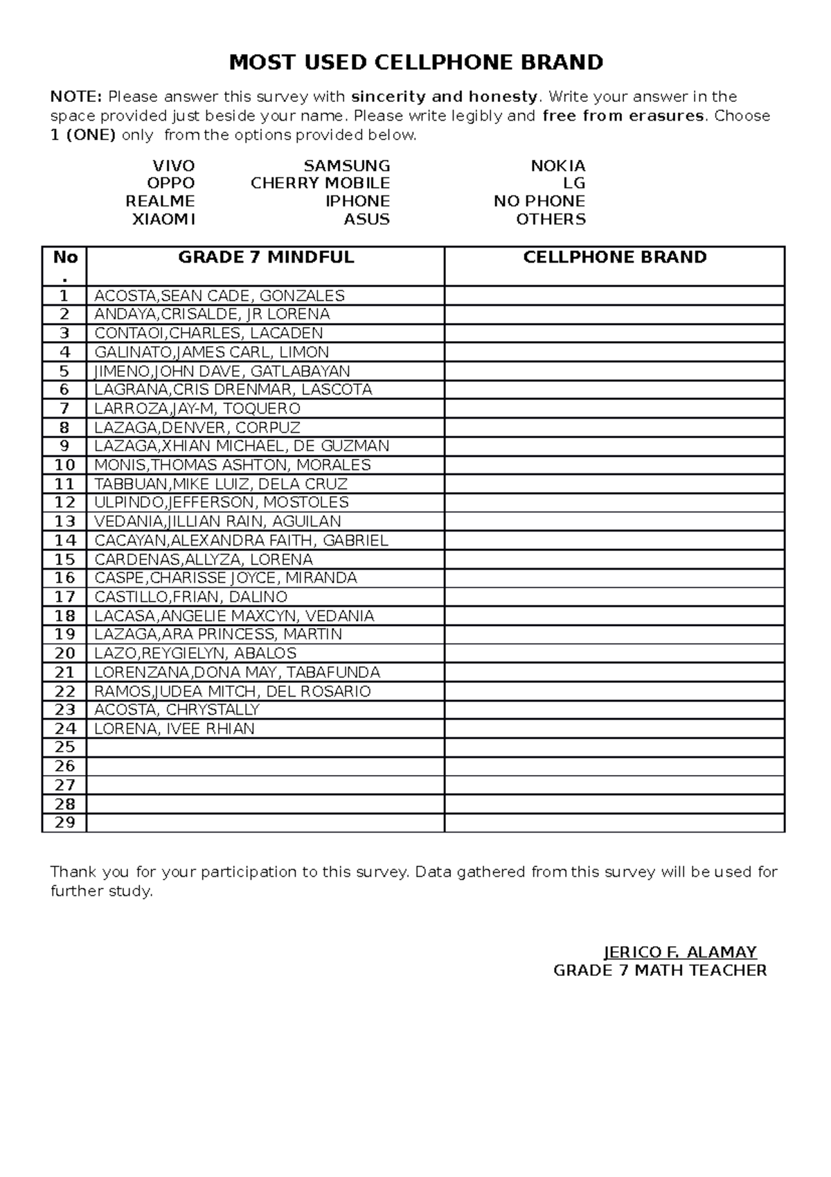 Cellphone Brands - NOTE: Please answer this survey with sincerity and ...