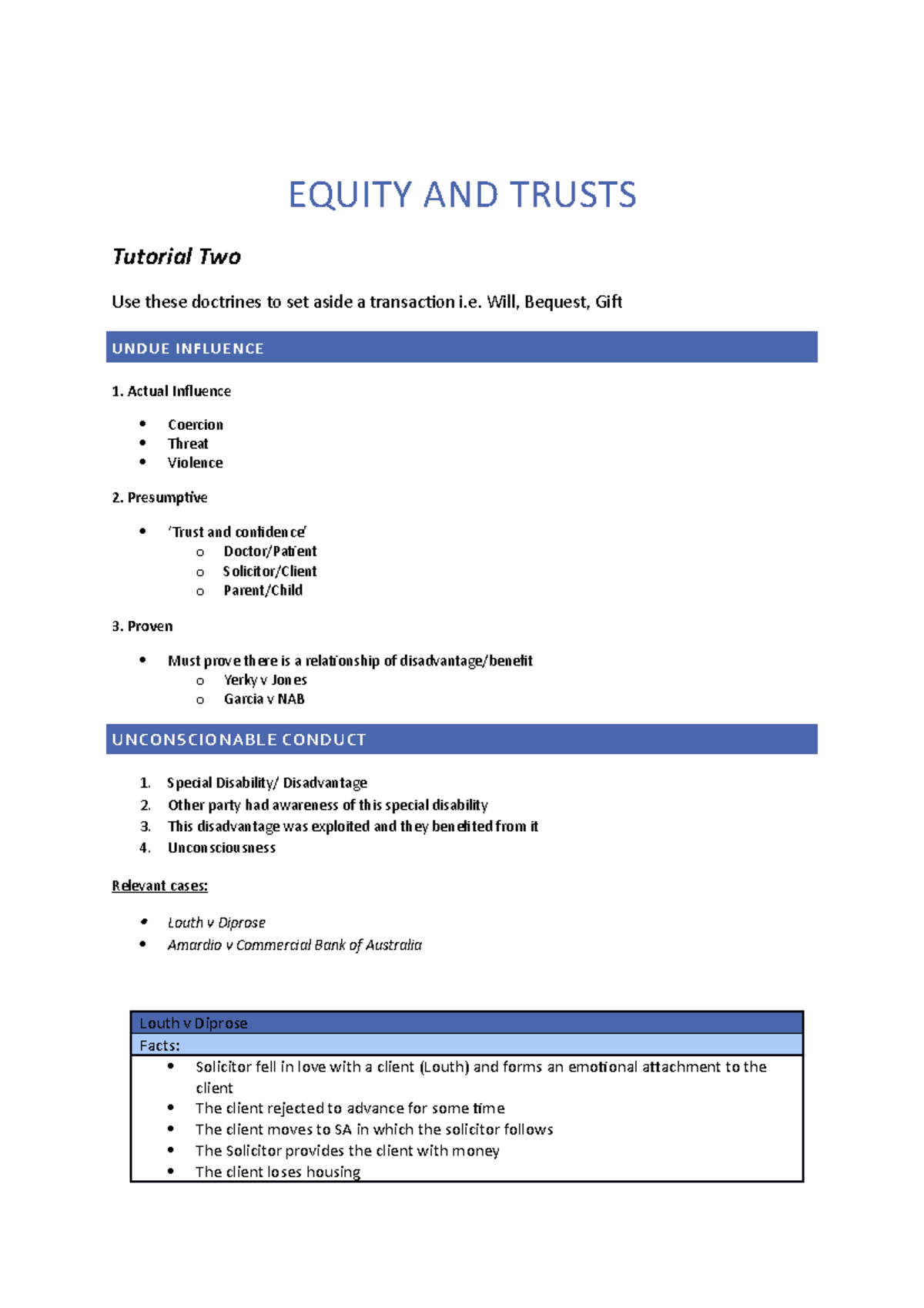 Equity & Trusts Tutorial - EQUITY AND TRUSTS Tutorial Two Use these doctrines to set aside a ...