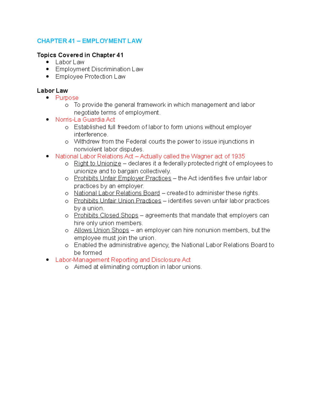 Chapter 41 - Professor Pleasant - CHAPTER 41 – EMPLOYMENT LAW Topics ...