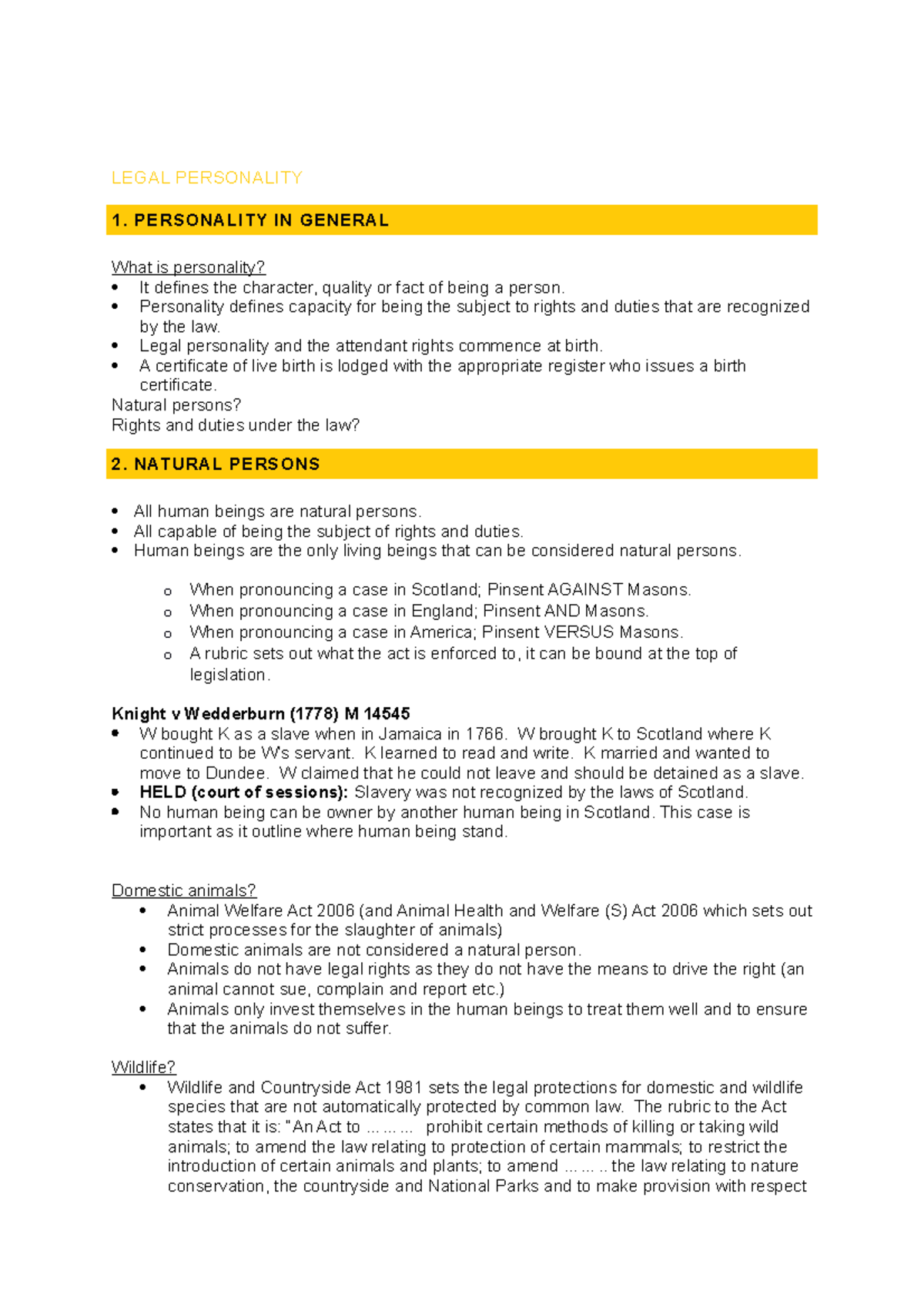 Family law exam notes - LEGAL PERSONALITY 1. PERSONALITY IN GENERAL ...