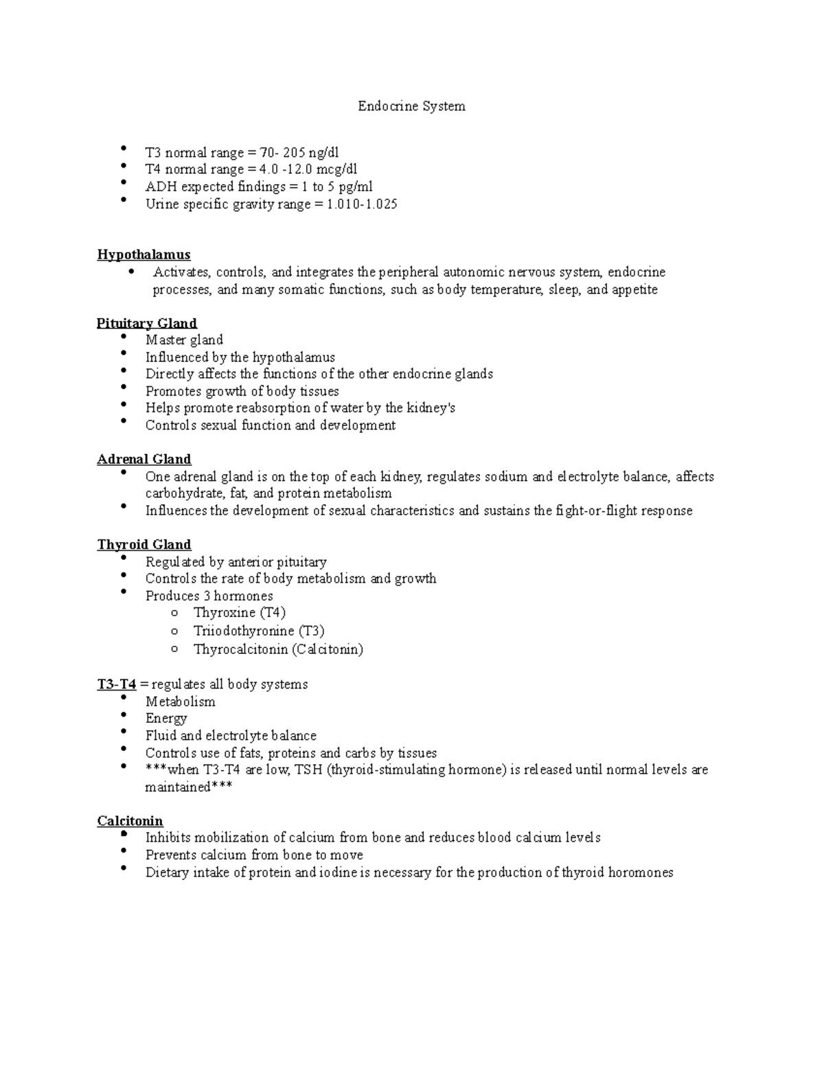 Acute study guide pt2 - Endocrine System T3 normal range 205 T4 normal ...