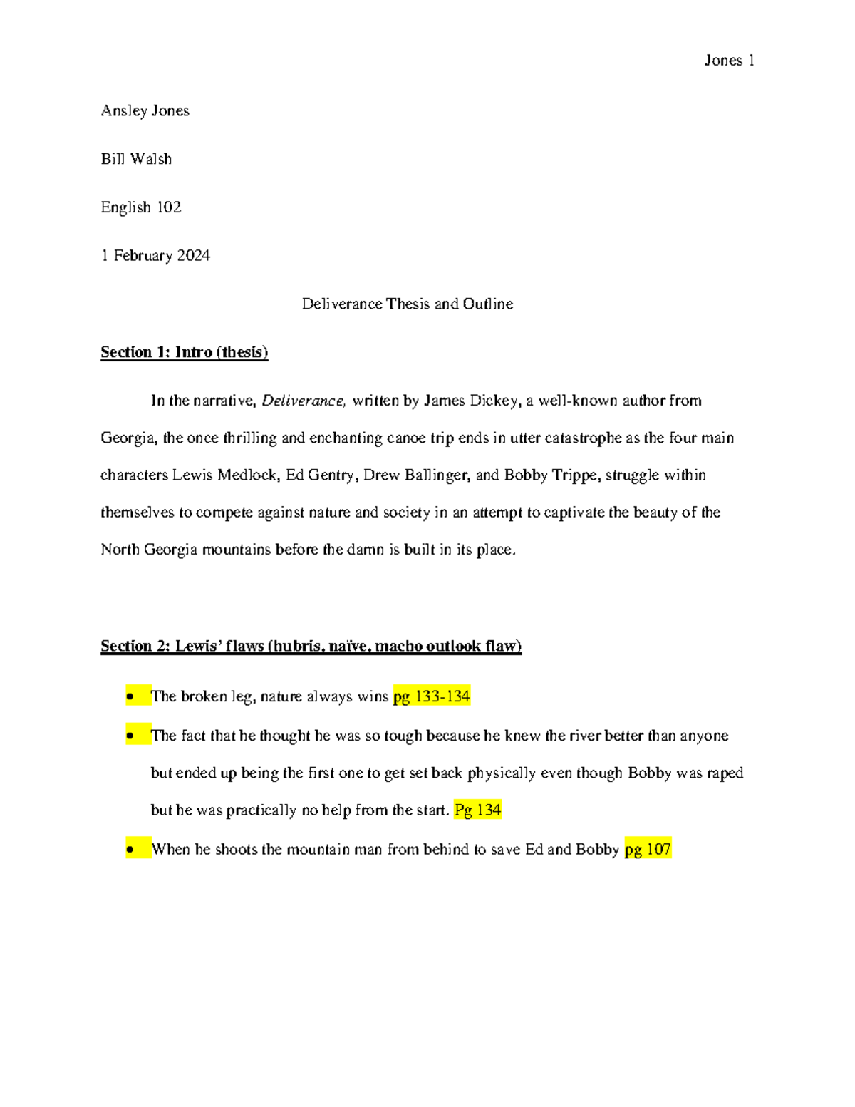 Deliverance Thesis and Outline for real - Jones 1 Ansley Jones Bill ...