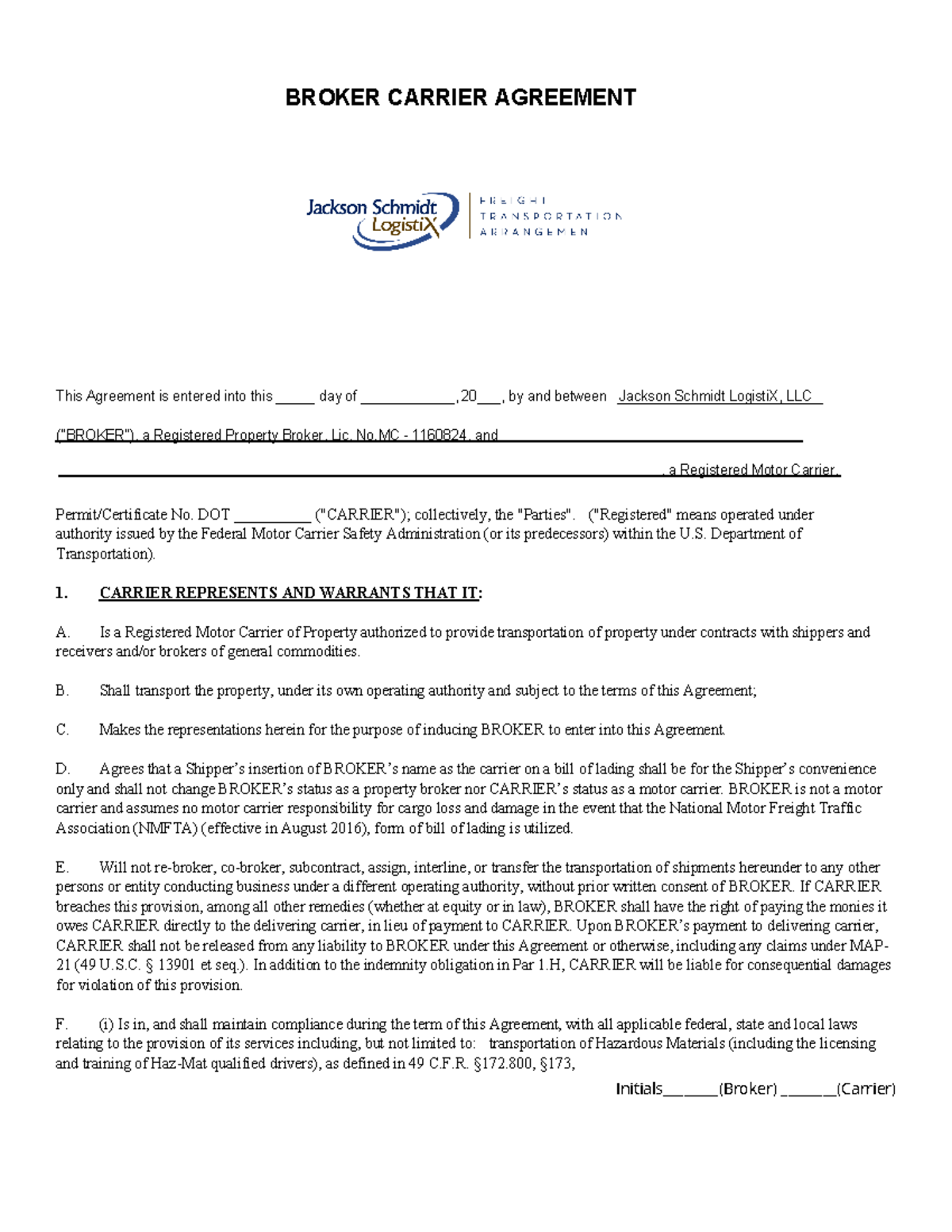 Jackson Schmidt Broker Carrier Agreement-2 - Permit/Certificate No. DOT ...