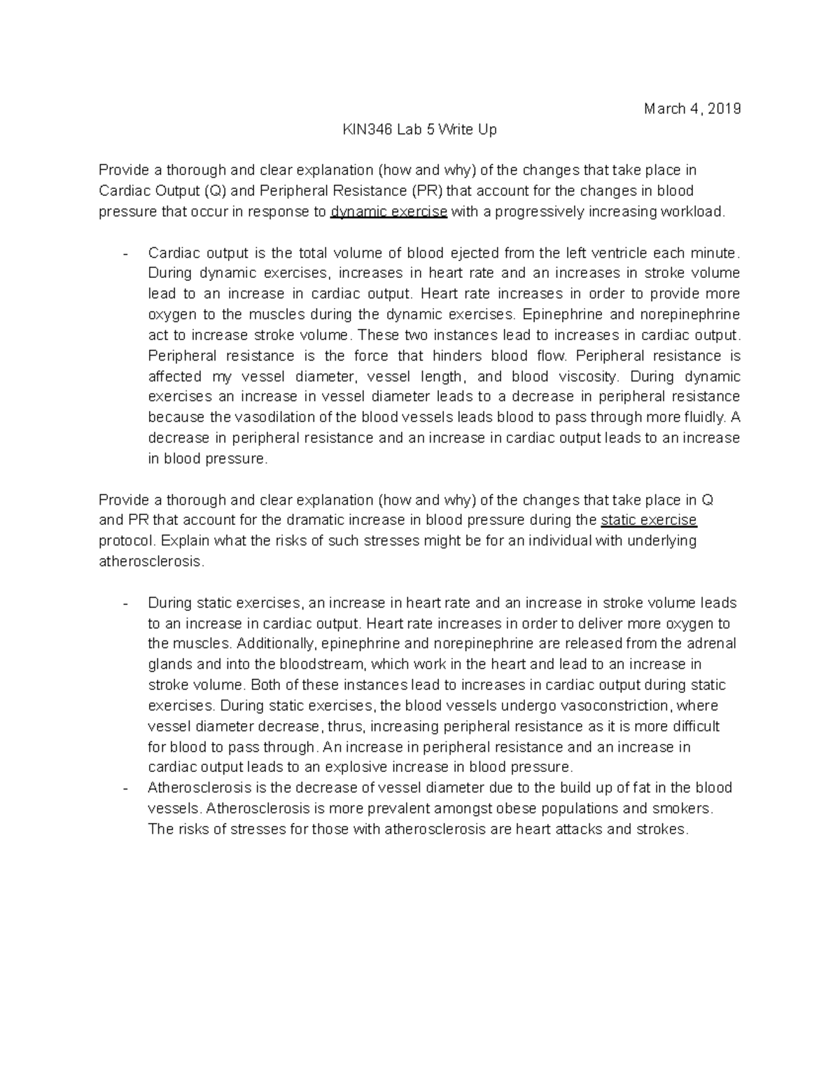 KIN346L lab write up #5 - Assignment #5 - March 4, 2019 KIN346 Lab 5 Write Up Provide a thorough ...