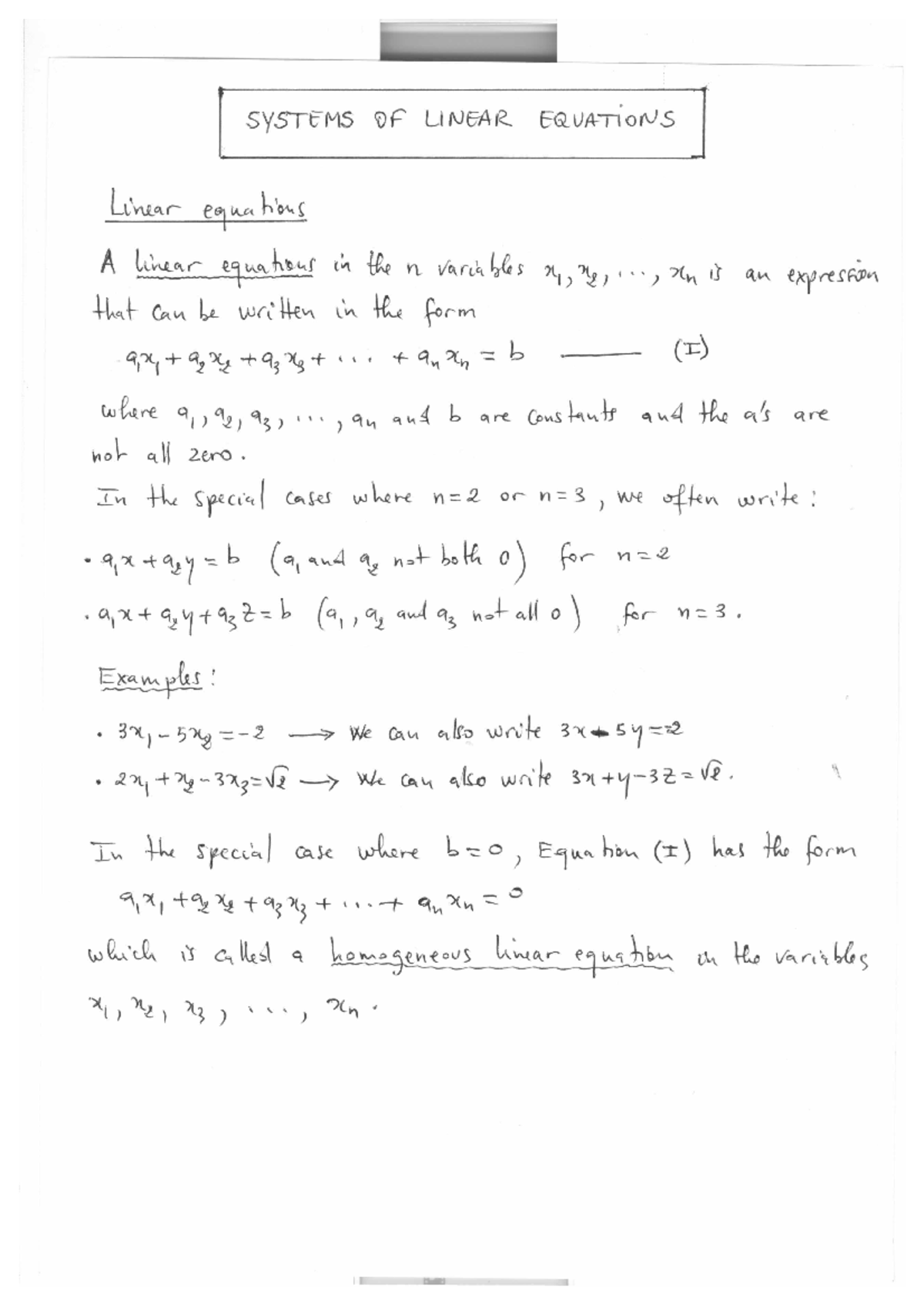 Handwritten Notes - Systems of Linear Equations - [ SySTf"MS 'UP LI Nf7Ar