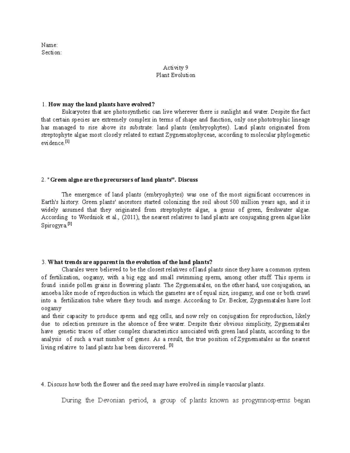 Evolutionary Bio - Act 9 - Name: Section: Activity 9 Plant Evolution ...