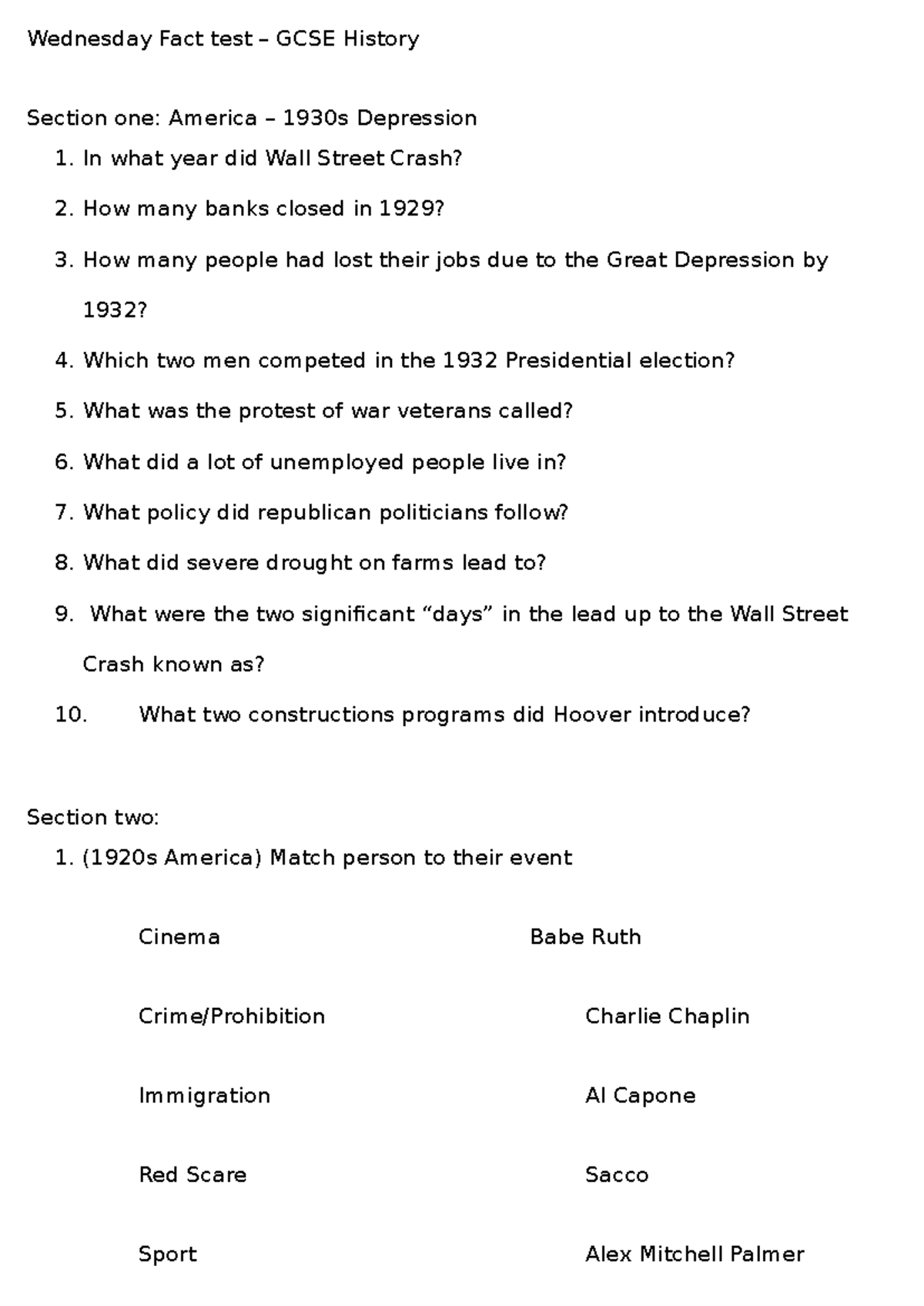 Wednesday Fact test - GCSE AQA - Wednesday Fact test – GCSE History ...