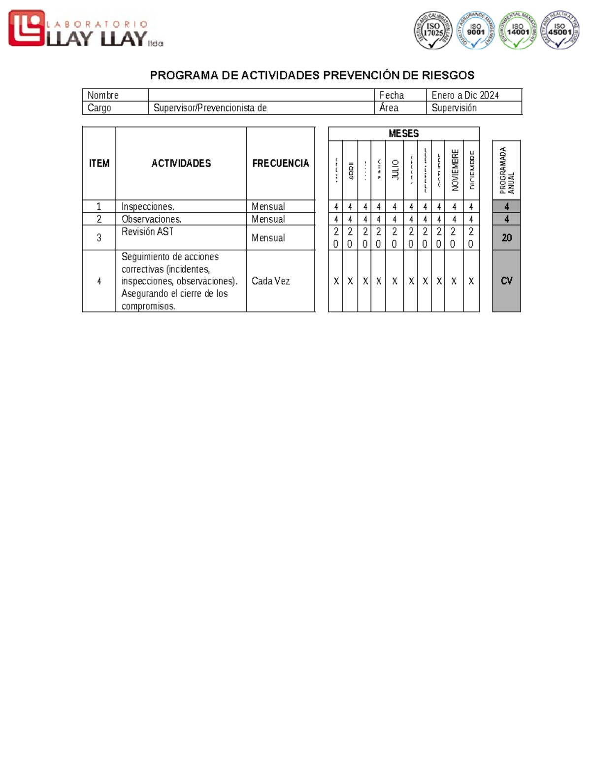 Programa Personalizado - PROGRAMA DE ACTIVIDADES PREVENCIÓN DE RIESGOS Nombre Fecha Enero a Dic ...