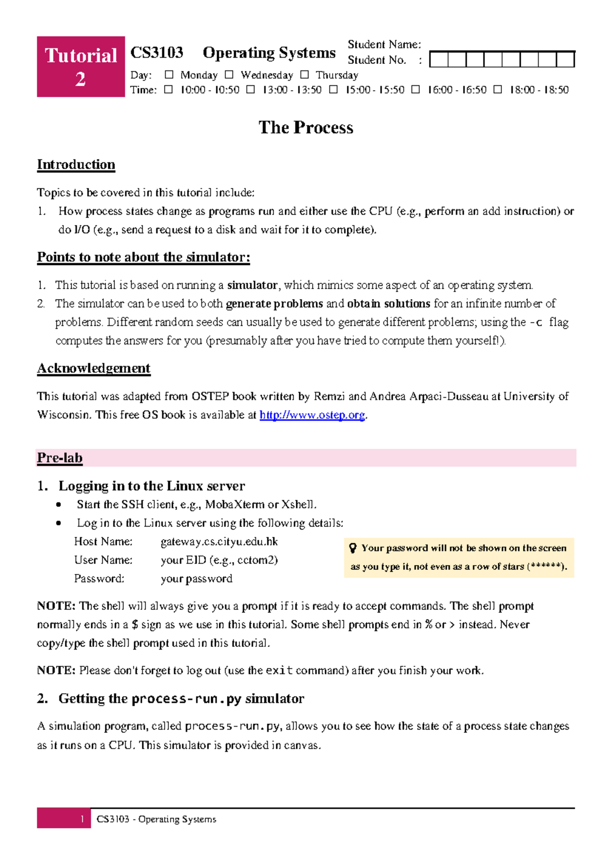 CS3103-Tutorial-2 - Tutorial - Tutorial 2 CS3103 Operating Systems Student Name: Student No ...