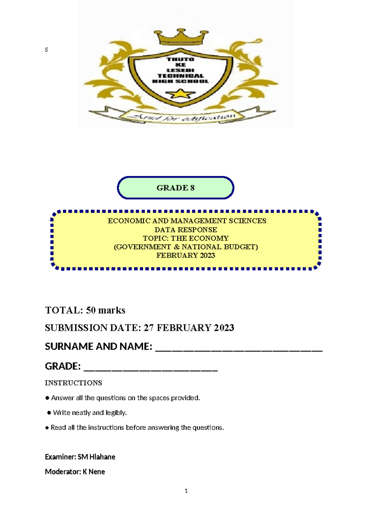 EMS Grade 8 Data Response Term 1 2023 memo - S TOTAL: 50 marks ...