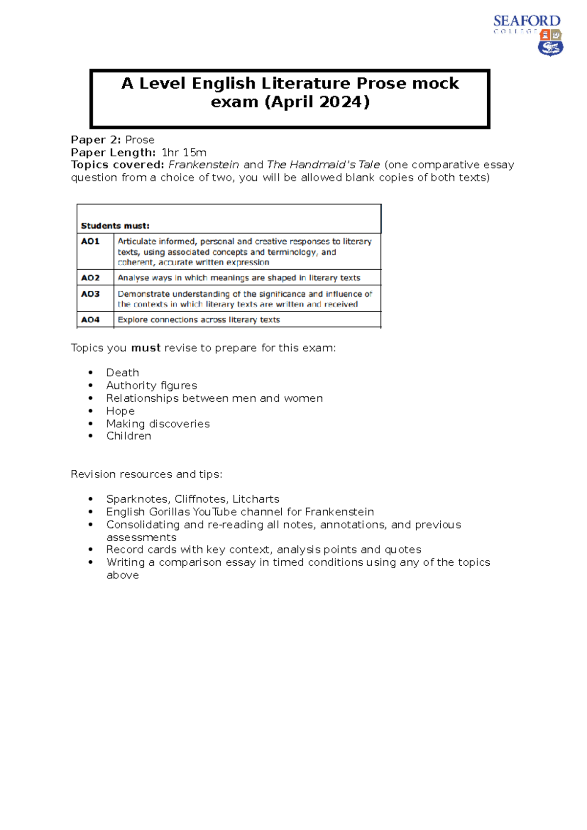 Mock%20exam%20guidance%20%282%29 - Paper 2: Prose Paper Length: 1hr 15m ...