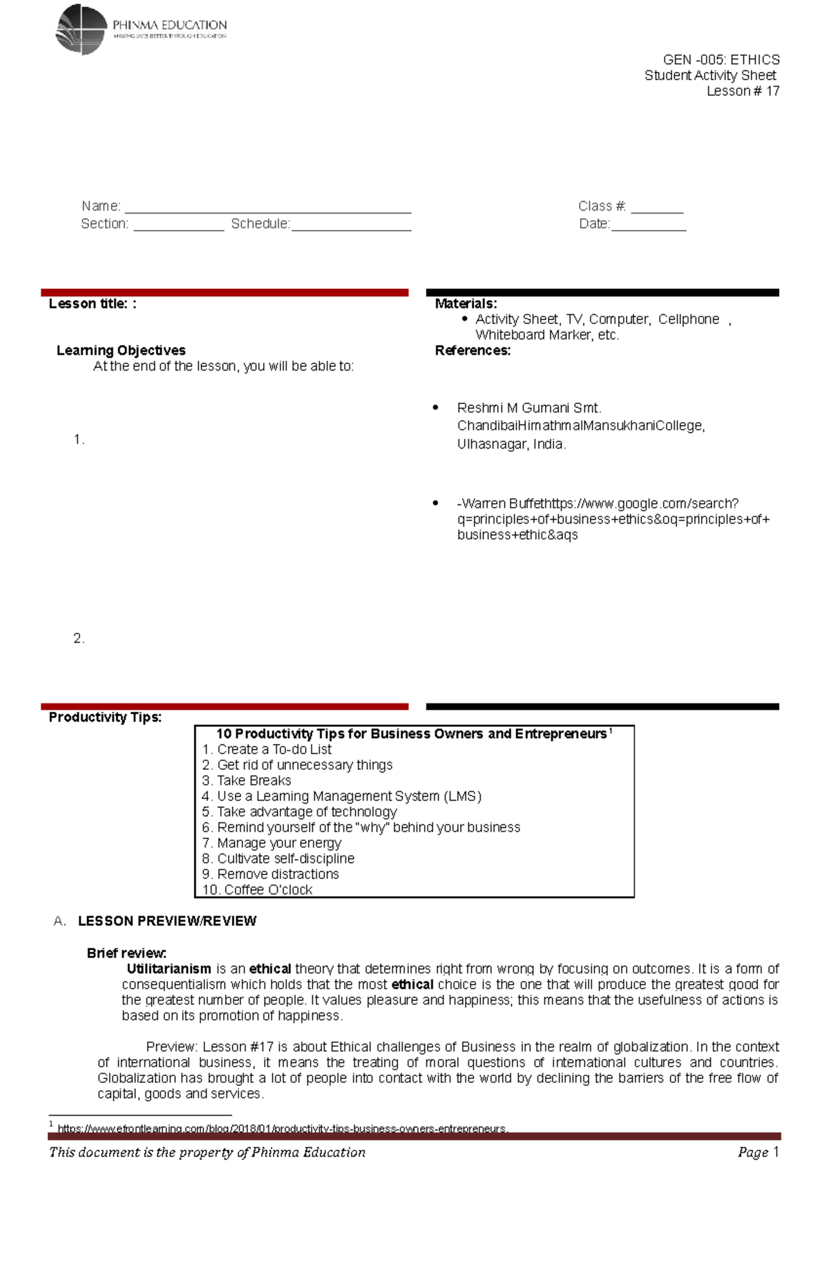 Environmental science Lecture 4 - GEN -005: ETHICS Student Activity ...
