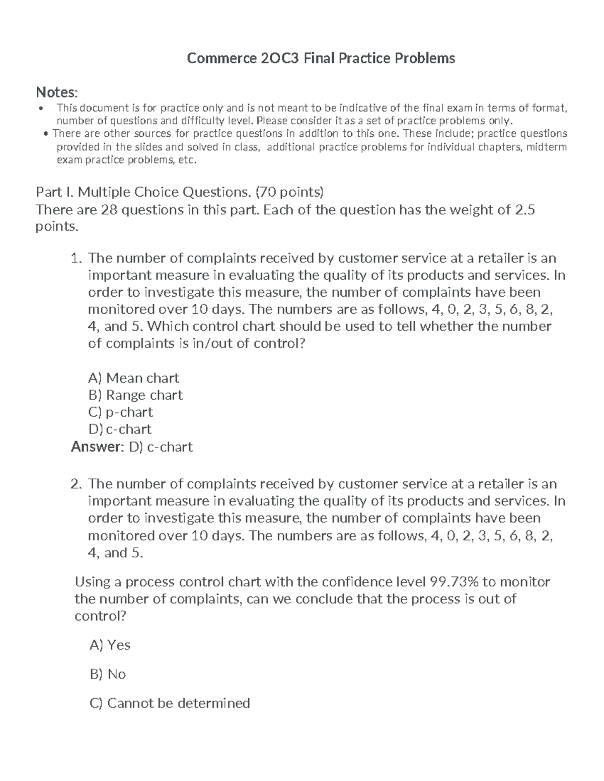 Final Practice (with answers) - Commerce 2OC3 Final Practice Problems ...