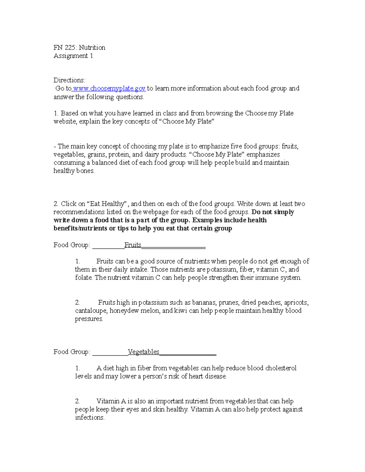 My Plate Assignment-1 - nutrition assignment - FN 225: Nutrition ...