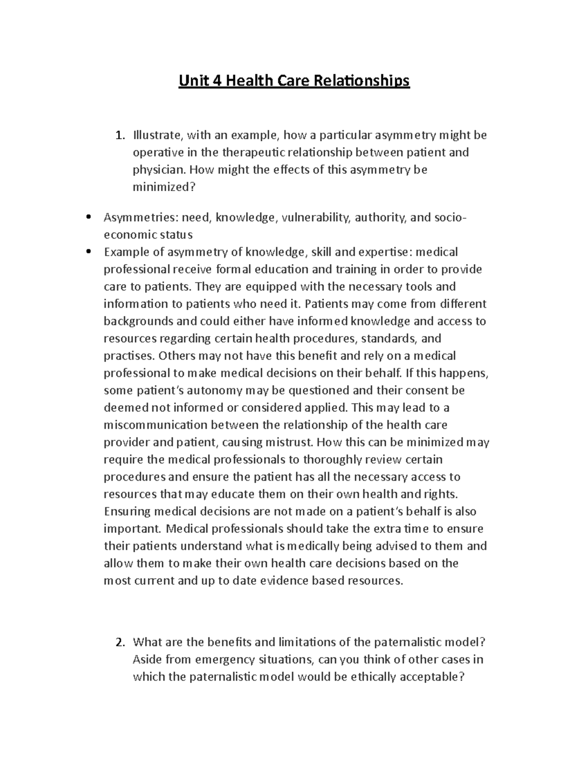 Unit 4 Health Care Relationships - Unit 4 Health Care Relationships ...