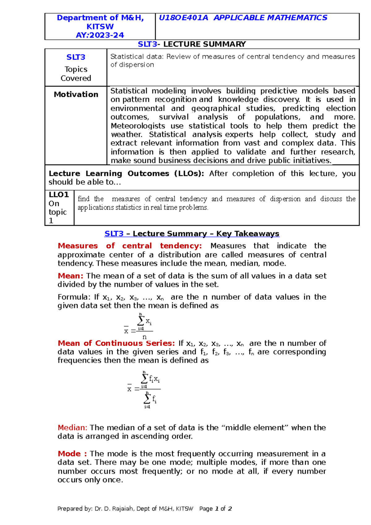 SLT3 AM Unit 2 Statastical Data Review - Department of M&H, KITSW AY ...
