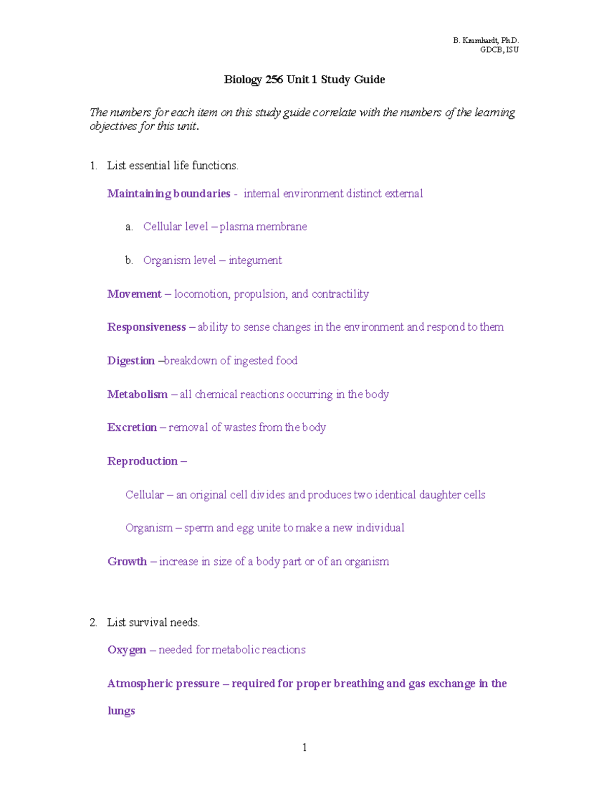 256 Unit 1 Study Guide - Lecture notes Unit 1 - GDCB, ISU Biology 256 ...