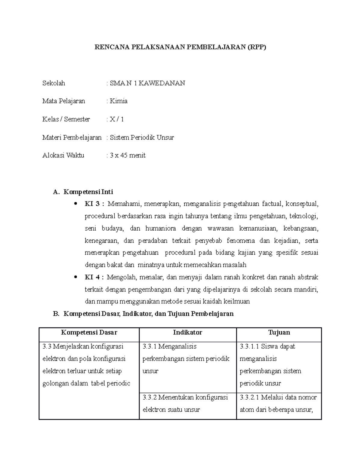 RPP Sistem Periodik Unsur - RENCANA PELAKSANAAN PEMBELAJARAN (RPP ...