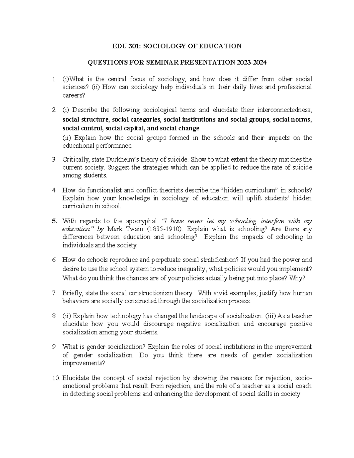 EDU 301 2024 Seminar Questions (N) (1) - EDU 301: SOCIOLOGY OF ...
