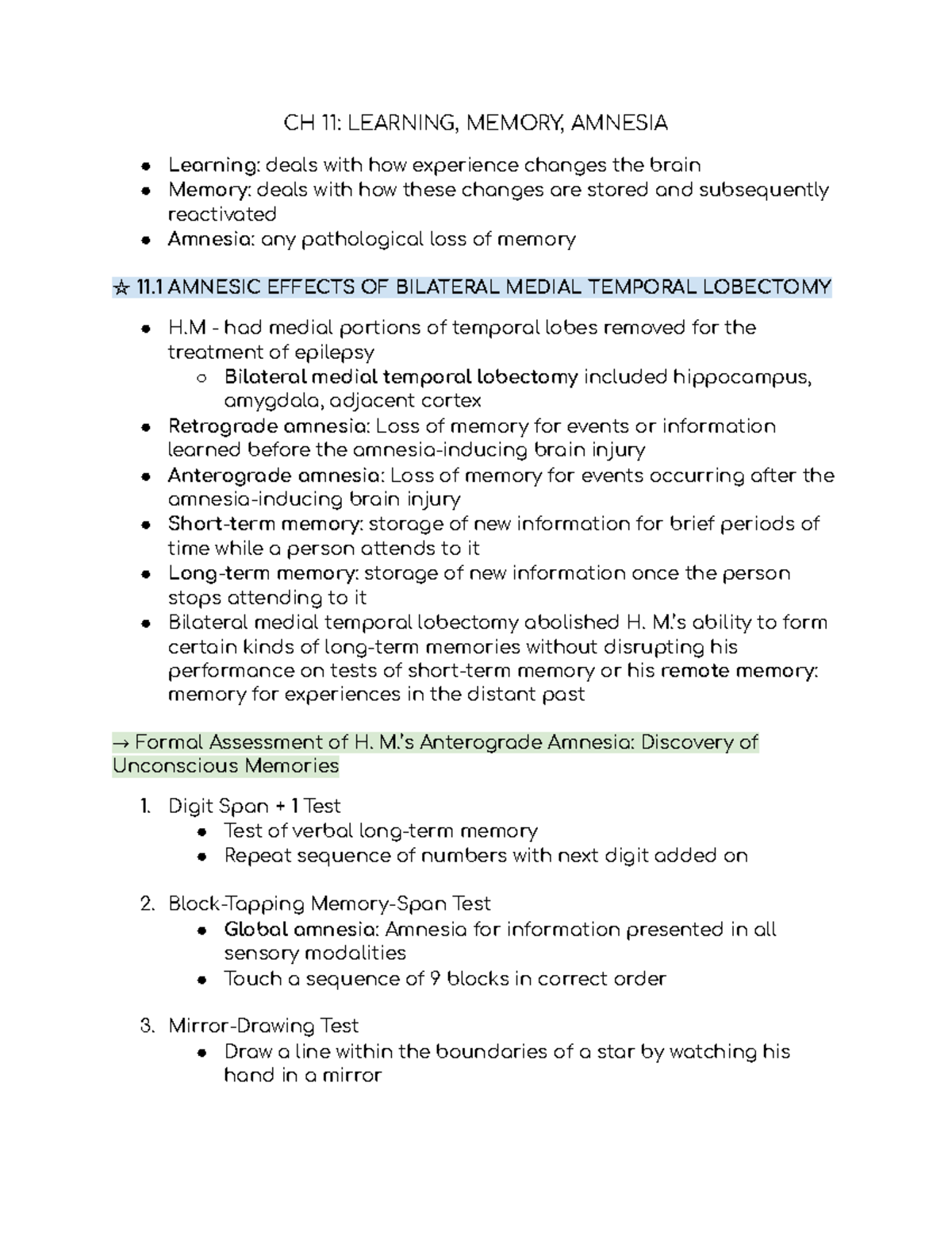Chapter 11 Notes - CH 11: LEARNING, MEMORY, AMNESIA Learning: deals ...