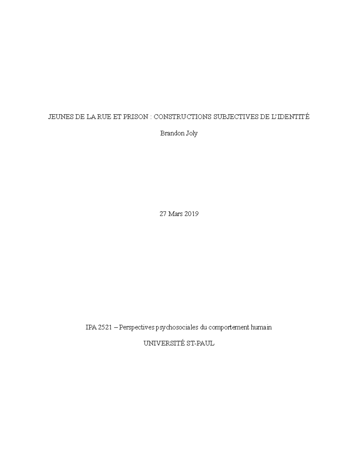 Critique Scientifique - Brandon Joly - JEUNES DE LA RUE ET PRISON ...