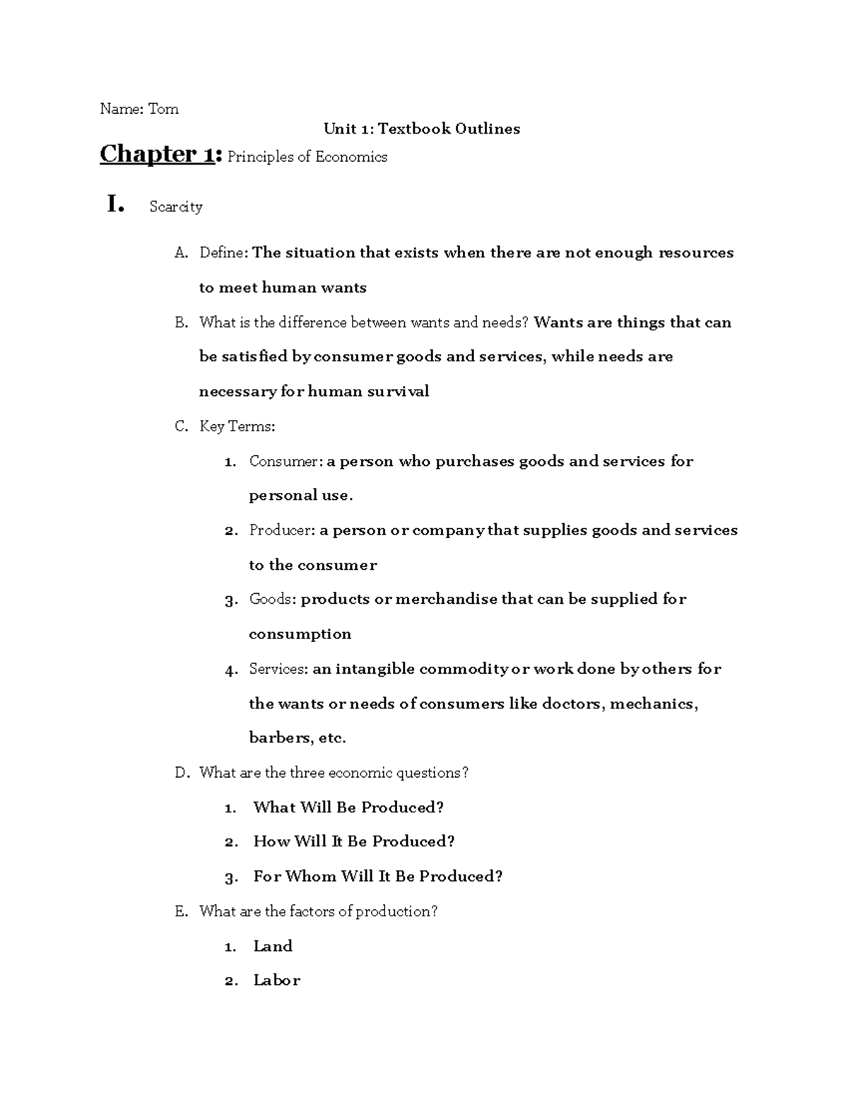 Chapter 1-3 Outline Notes - Economics (Tom H) - Name: Tom Unit 1 ...