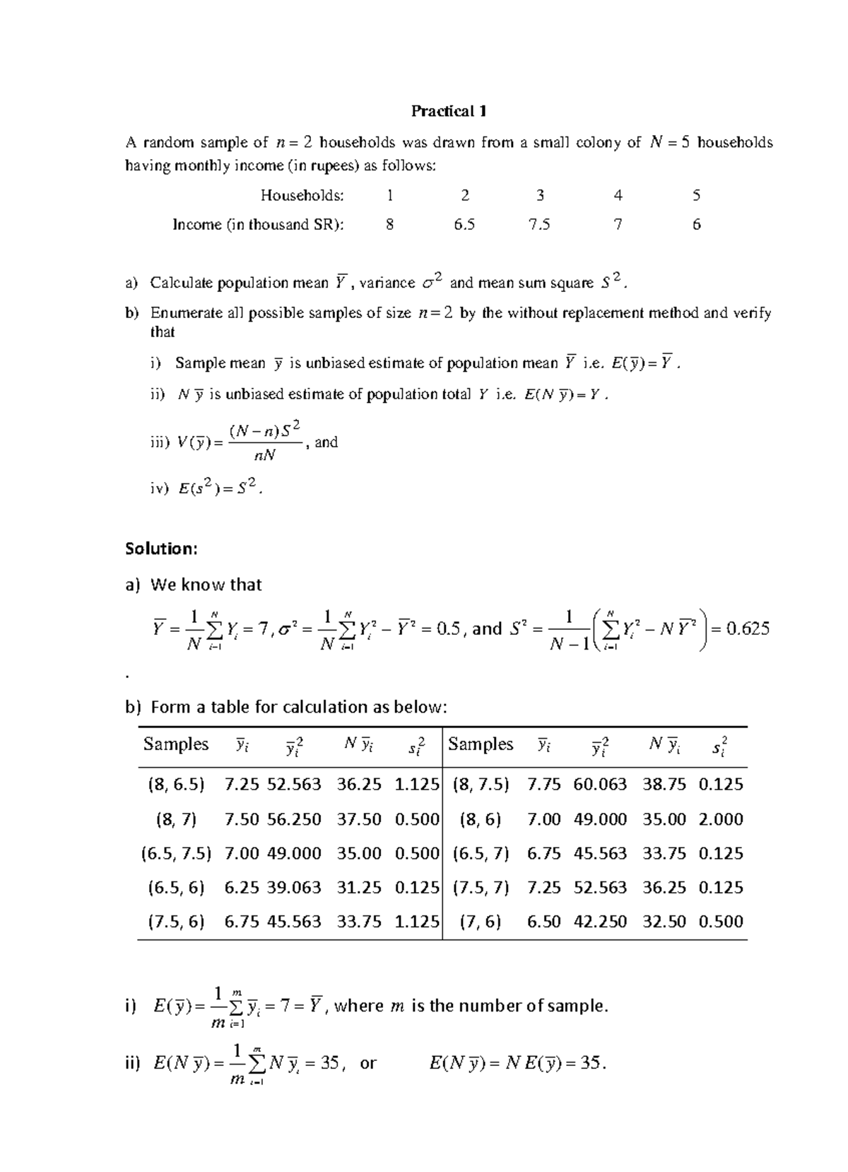 STB-4P1 Practical 1 - Practical 1 A random sample of n = 2 households ...