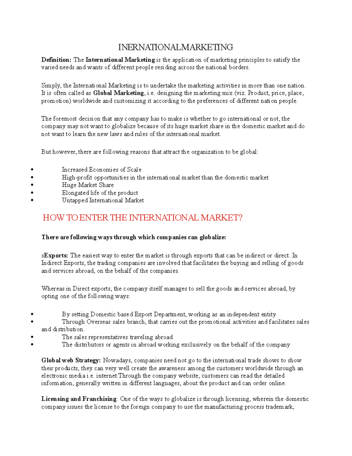 International - marketing notes - INERNATIONALMARKETING Definition: The ...